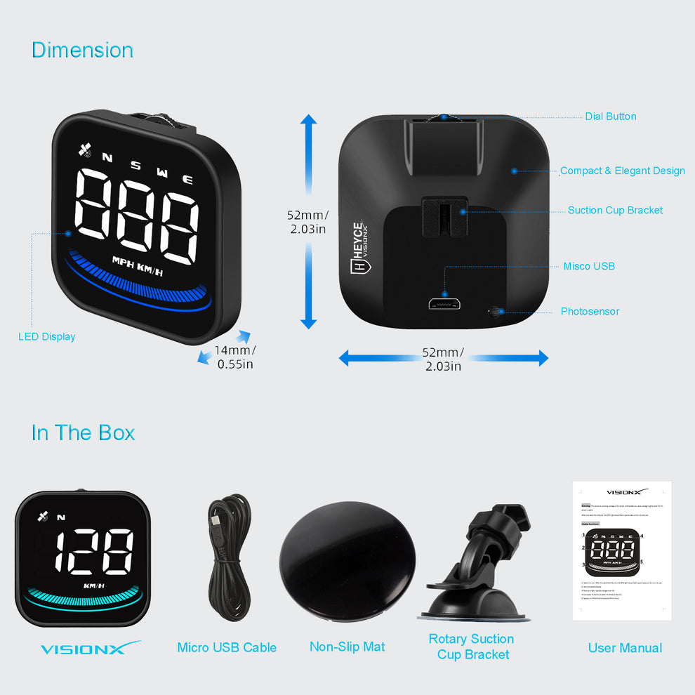 VisionX Car Head-Up Display, MPH Speedometer HUD Suction cup – HEYCE